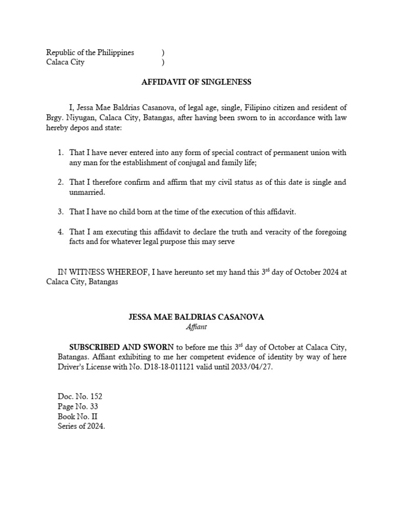 Affidavit of Singleness | PDF