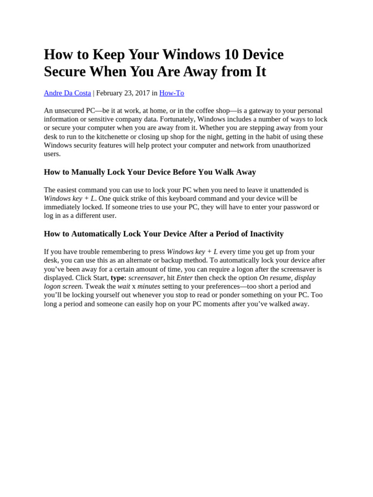 How To Keep Your Windows 10 Device Secure When You Are Away From It ...