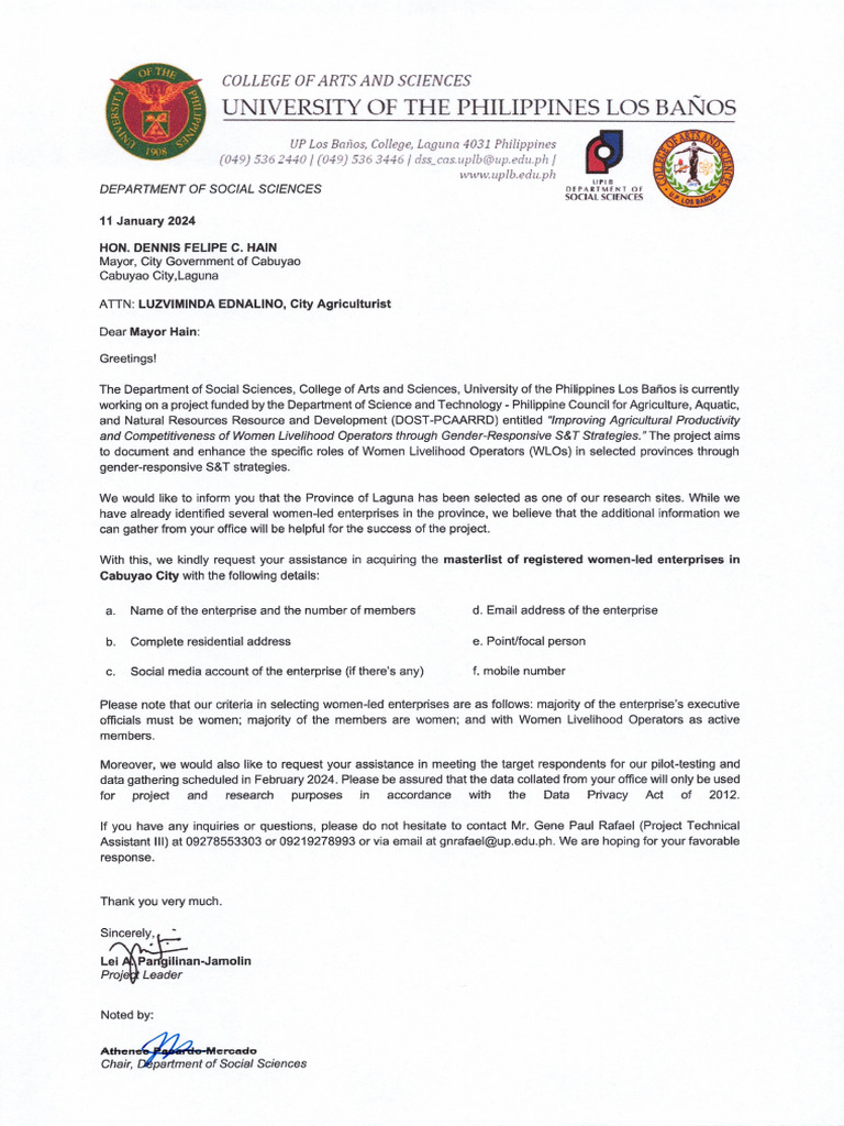 Cabuyao City - UPLB WLO Request Letter | PDF