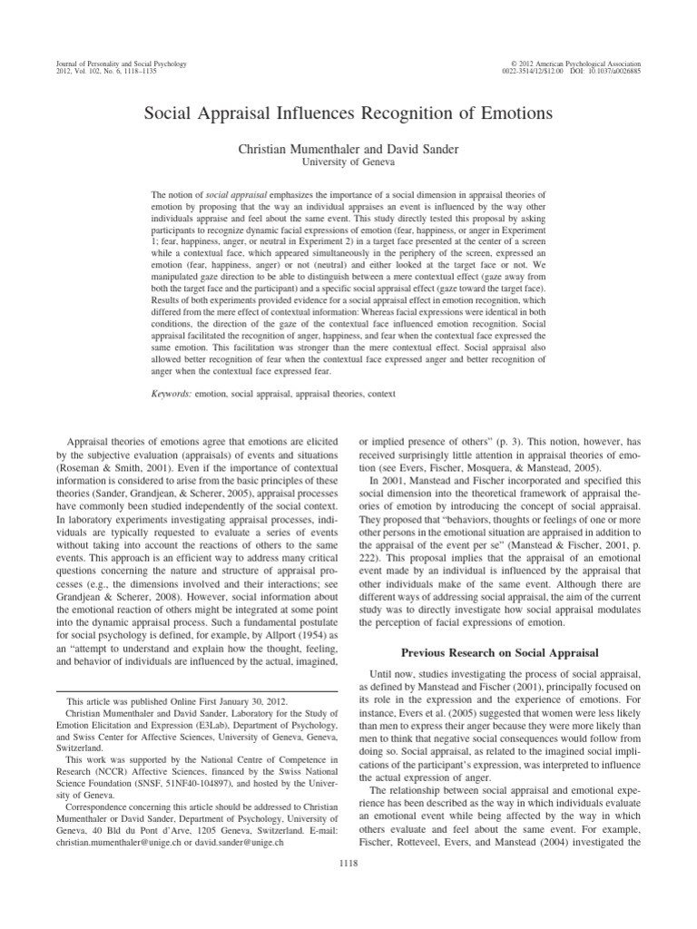 Social Appraisal in Emotion Recognition | PDF | Facial Expression ...