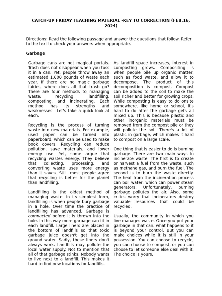 Cuf Reading Material Feb.16,2024 | PDF | Municipal Solid Waste | Waste