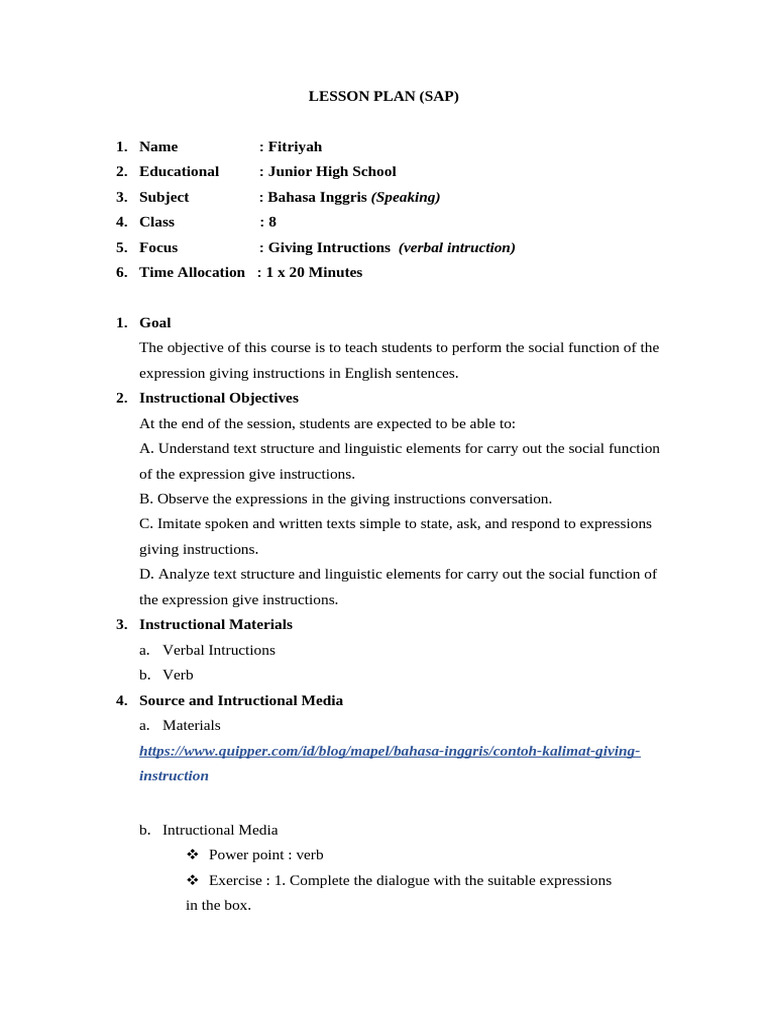 Junior High English Lesson Plan: Giving Instructions | PDF | Lesson ...