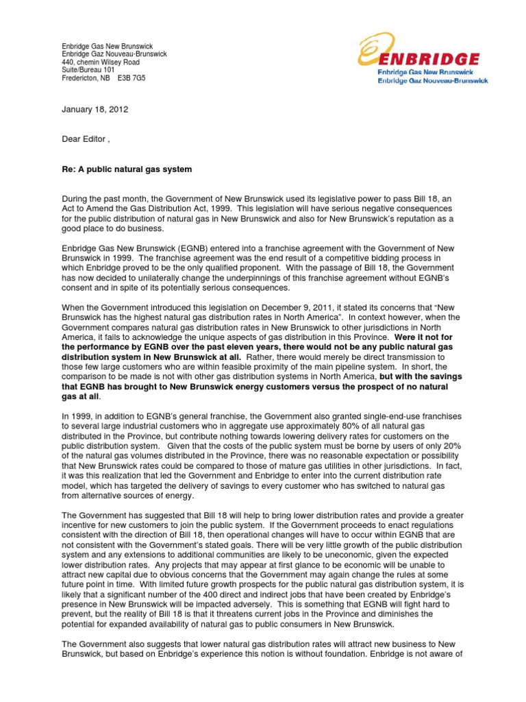 Enbridge Gas letter | New Brunswick | Economic Growth