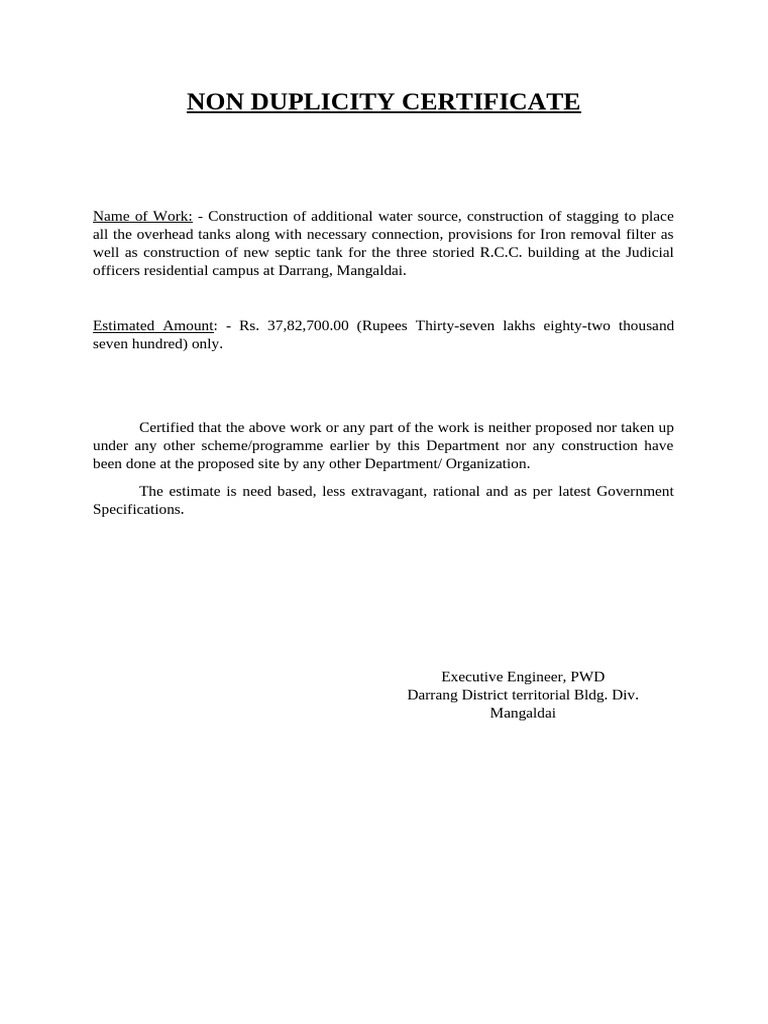 Non Duplicity Certificate | PDF