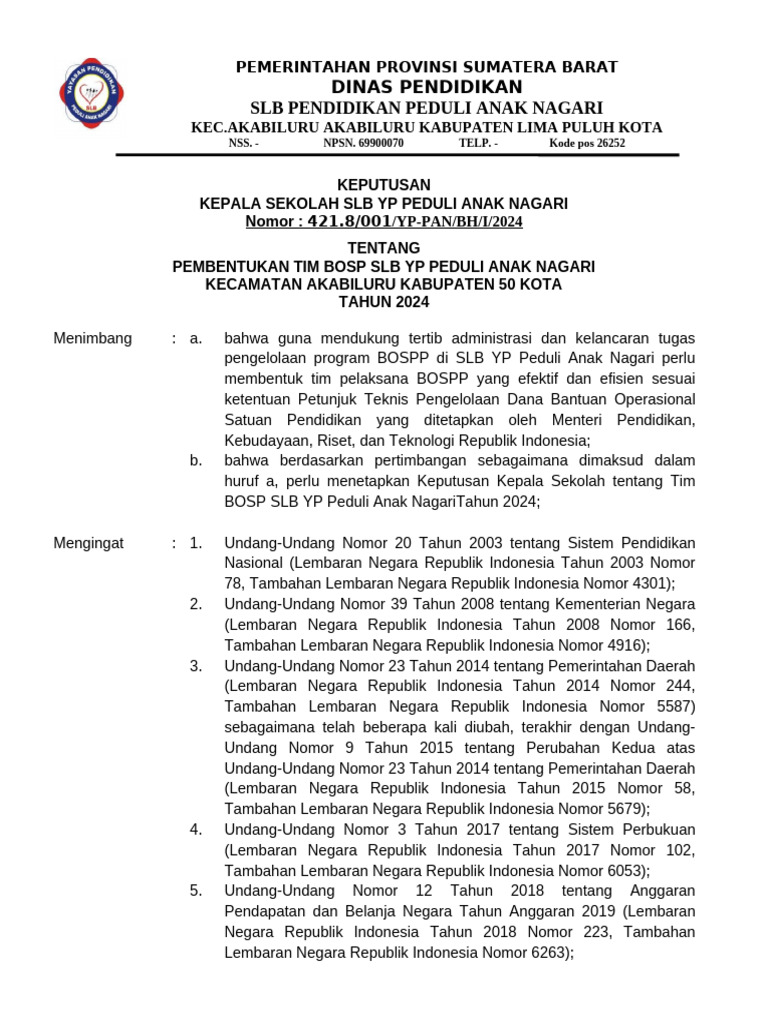 Pembentukan Tim BOSP SLB 2024 | PDF