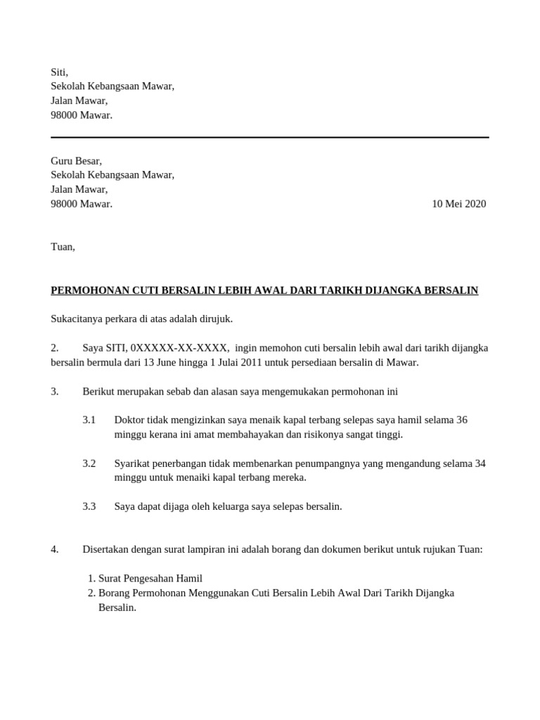 Permohonan Cuti Bersalin Awal Siti | PDF