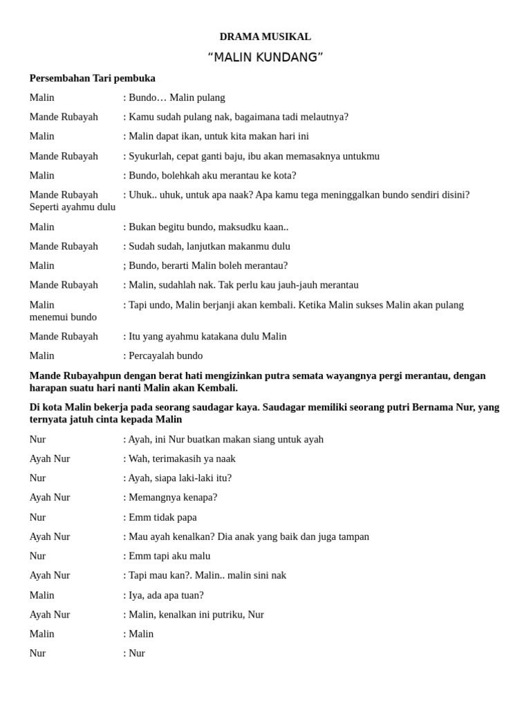 Teks Drama Musikal Malin Kundang | PDF