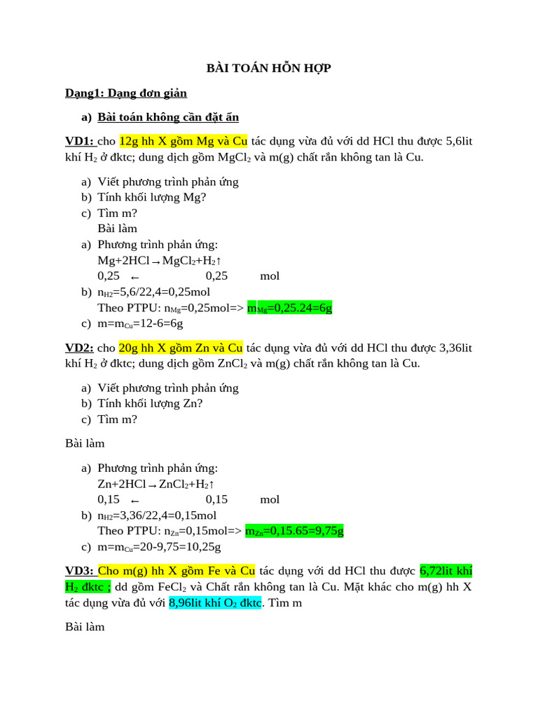 Bài Toán Hỗn Hợp Dạng1: Dạng đơn giản a) Bài toán không cần đặt ẩn VD1 | PDF