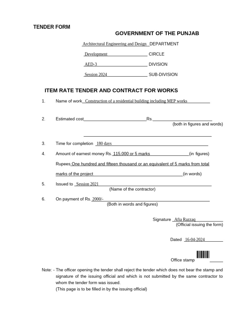 Tender Documents-Bid Project (Punjab Bidding Docs) - 2024 | PDF | Money