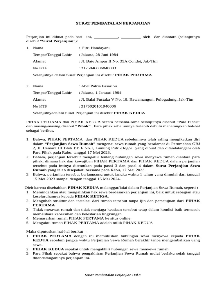 Surat Pembatalan Perjanjian | PDF