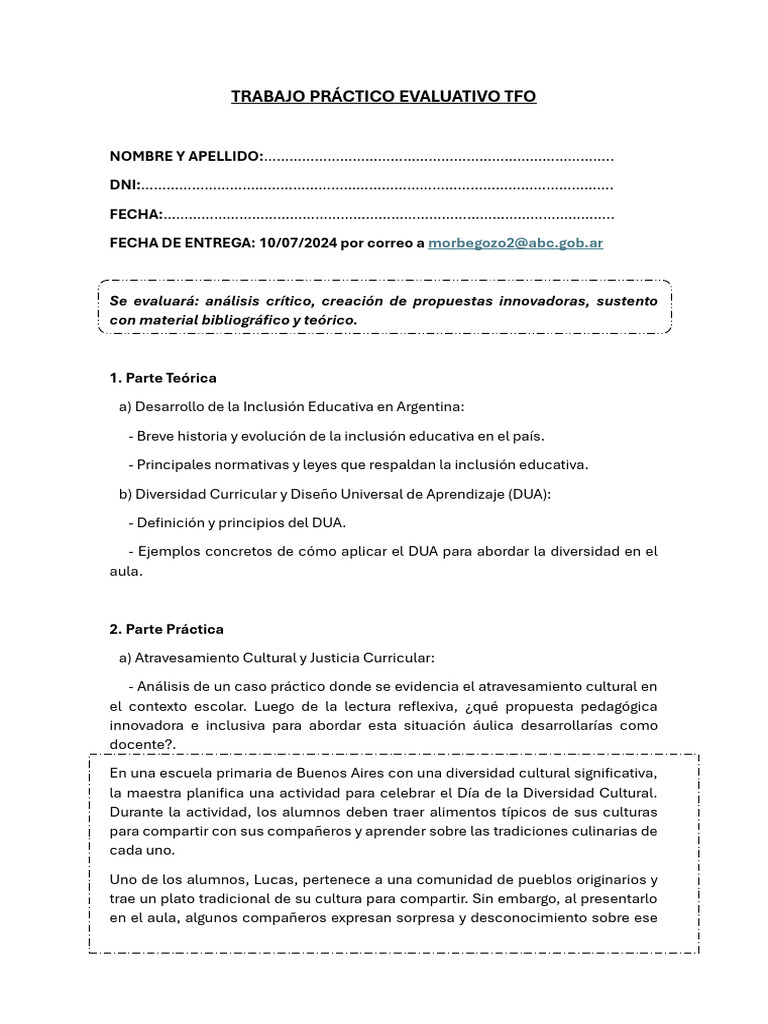 1 Trabajo Práctico Evaluativo Tfo 2024 | PDF | Inclusión (Educación) | Comunicación humana