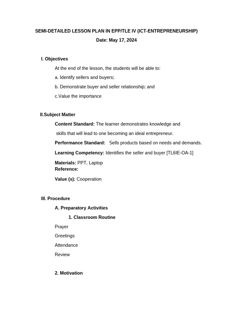 EPP/TLE IV Lesson Plan: Buyer-Seller Dynamics | PDF | Sales | Lesson Plan