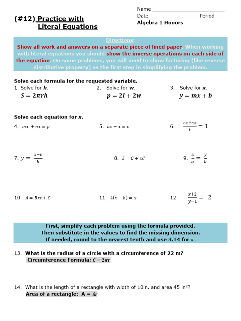 HWK - 12 - Unit 2A - Alg1Hon - Practice With Literal Equations (2024) | PDF