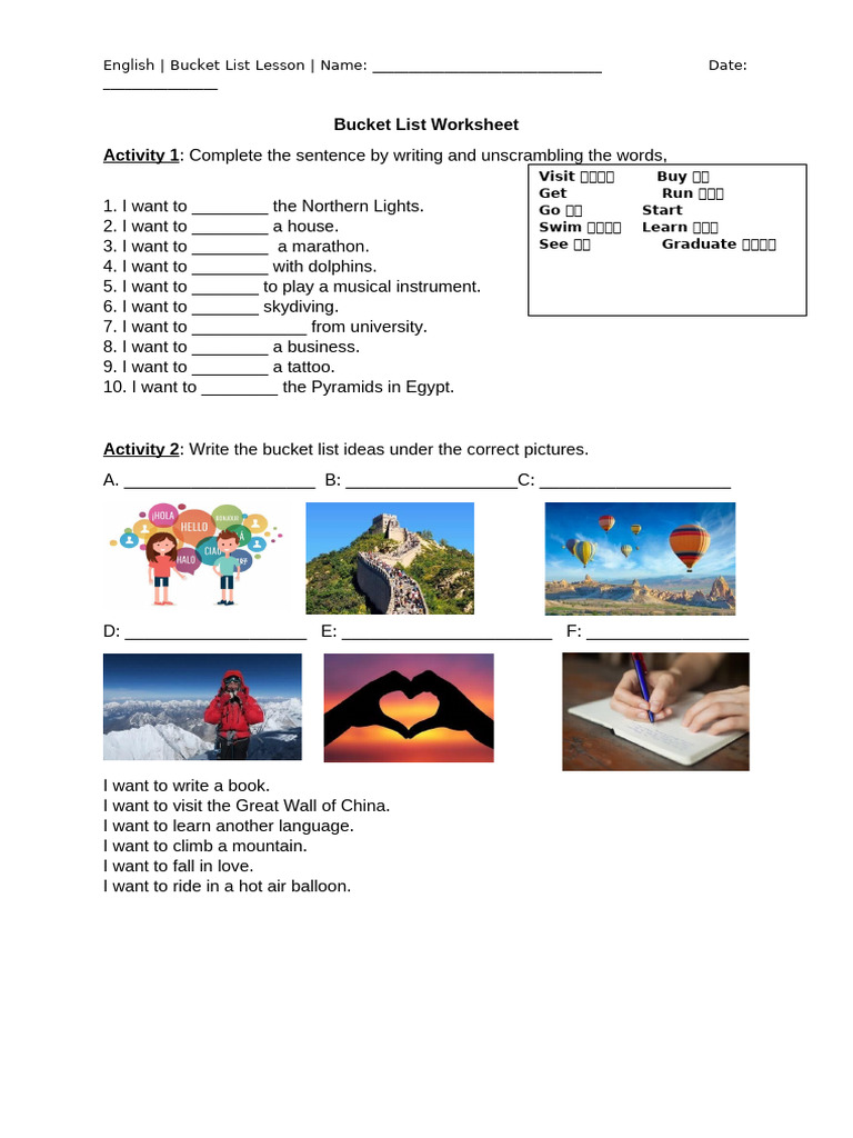 Bucket List Worksheet 1-4 | PDF | Underwater Diving