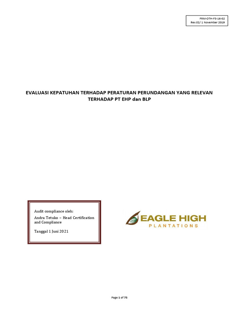7.1.2 Evaluasi Kepatuhan Terhadap Peraturan v.02 PT EHP PT BLP Tahun 2021 | PDF