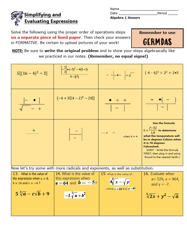 HWK - 7 - Unit 1B - Alg1H - Simplifying Expressions, Substitution (2024 ...