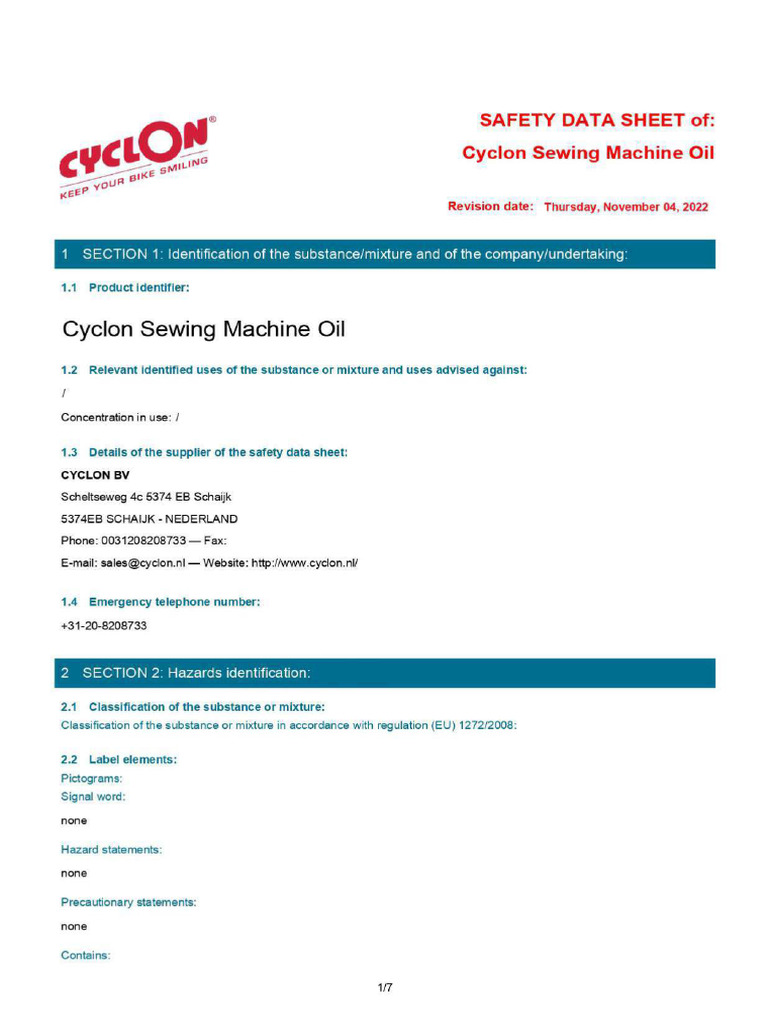 Sewing Machine Oil MSDS - Page-0001 | PDF