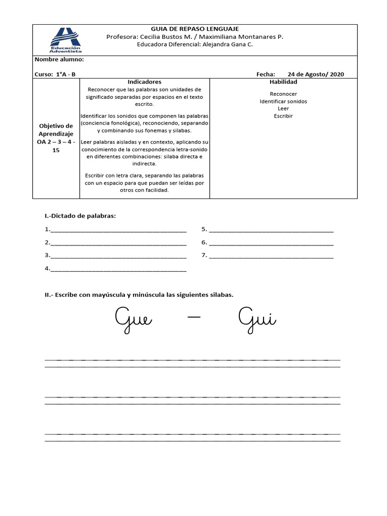 Dictado de palabras con gue y gui | PDF
