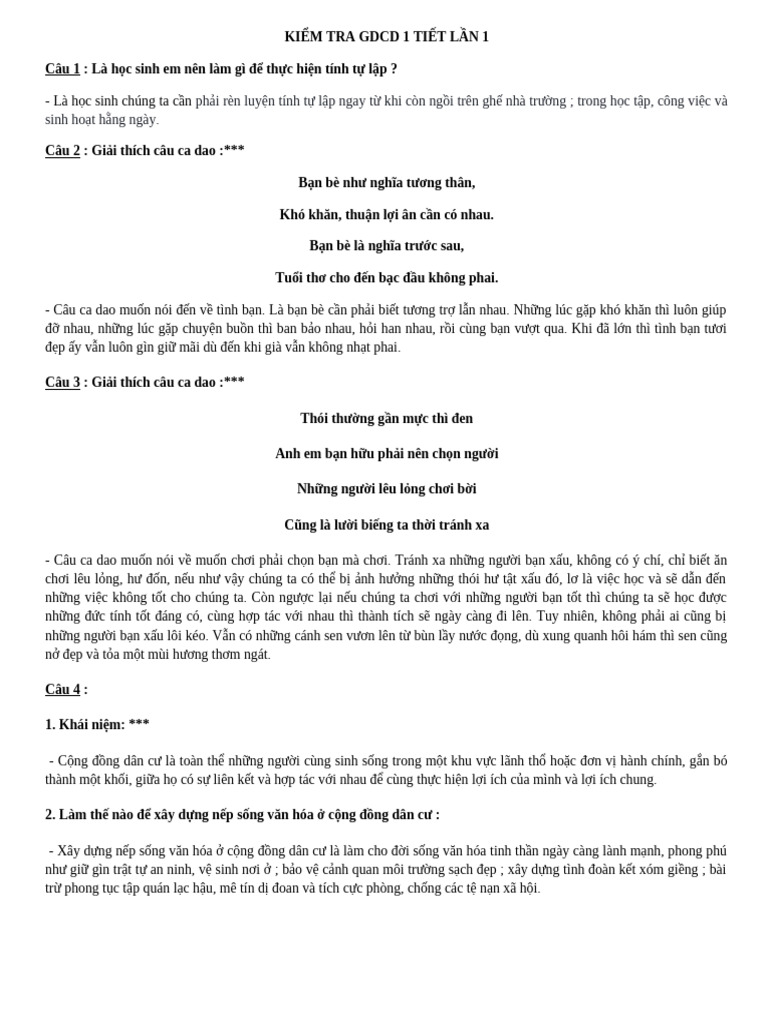 KIỂM TRA GDCD 1 TIẾT LẦN 1 | PDF
