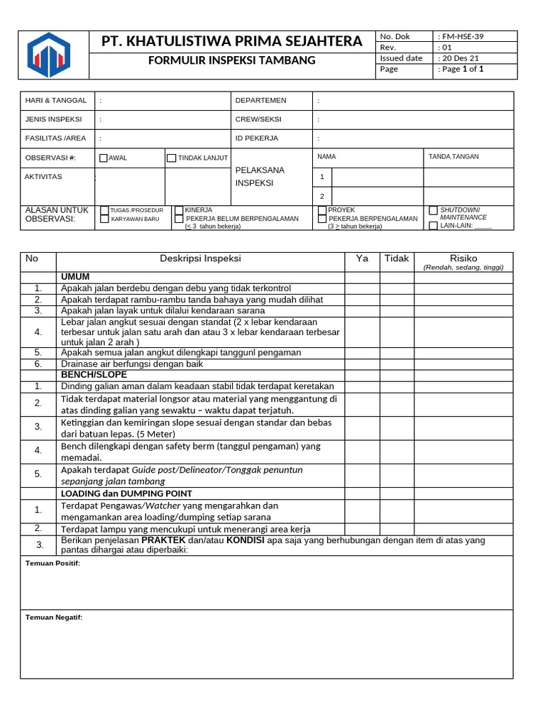 FM-HSE-39 Form Inspeksi Tambang | PDF