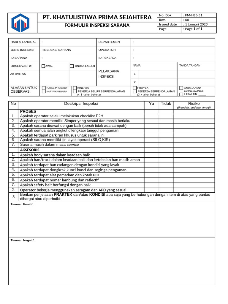 FM-HSE-51 Form Inspeksi Sarana | PDF | Teknologi & Rekayasa