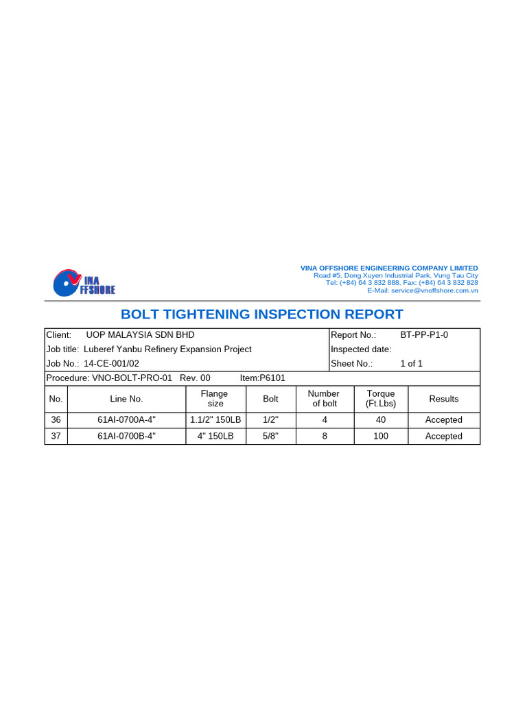 Bolt Tightening Inspection Report | PDF