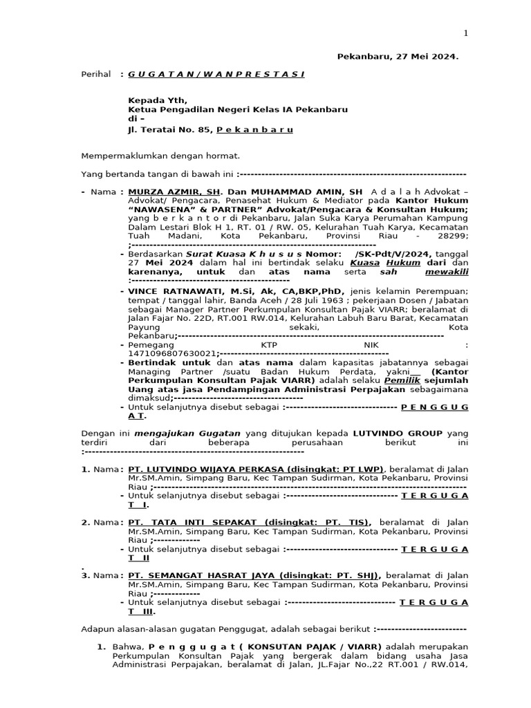 Gugatan Wanprestasi Viar VS Lutvindo Group | PDF | Hukum