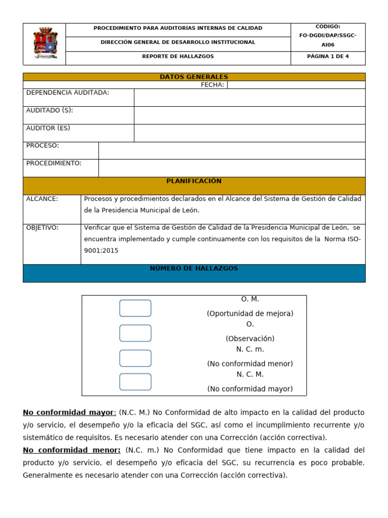 Reporte de Hallazgos de Auditoría | PDF | Sistema de manejo de calidad ...