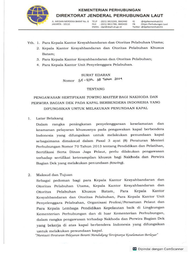 Se-Djpl 38 Tahun 2024 Pengawasan Sertifikasi Towing Master Bagi Nahkoda Dan Perwira Dek | PDF