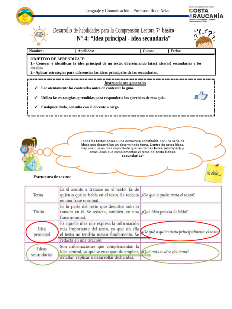Hojas De Trabajo Para Identificar La Idea Principal Y Los Detalles ...