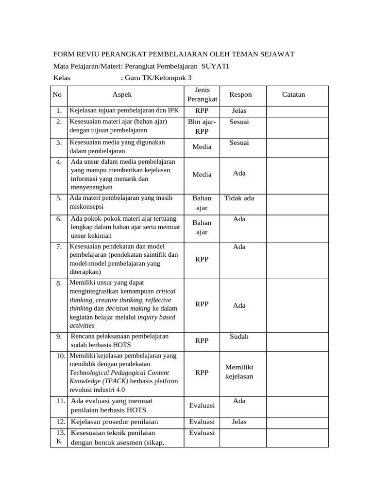 SUYATI... Format Reviu Rancangan Pembelajaran | PDF