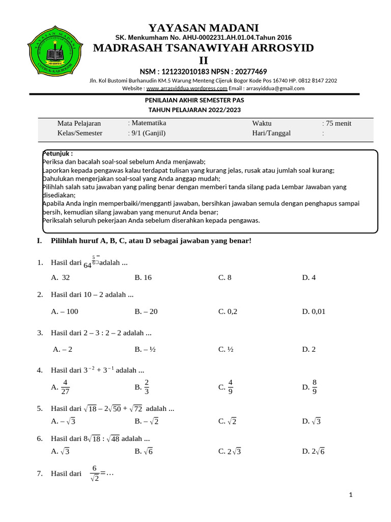 Soal Pas MTK Kelas 9 2022-2023 | PDF