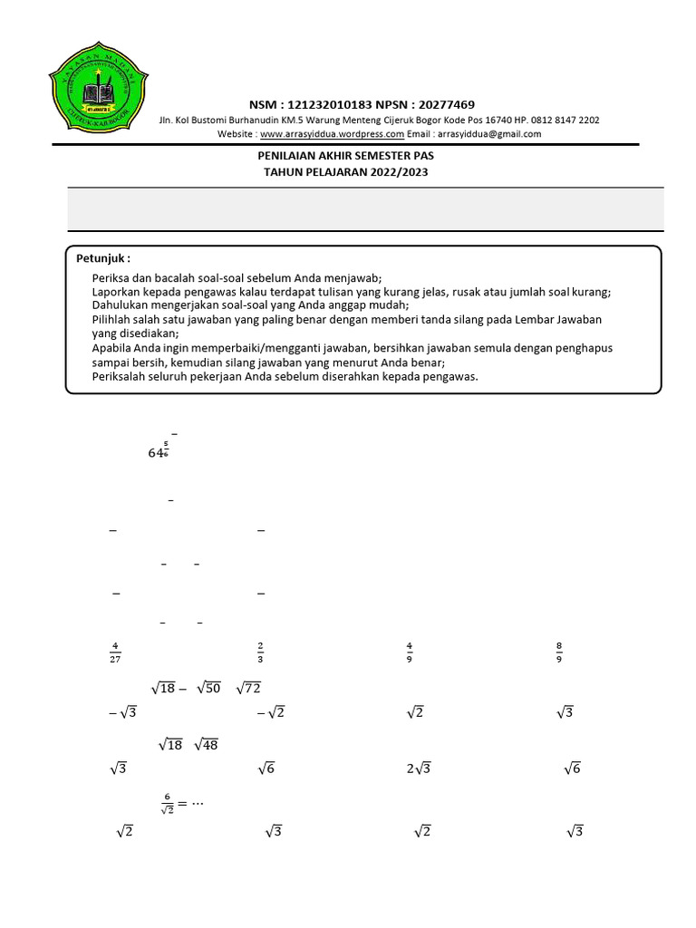 Soal Pas Matematika Kelas 9 2022-2023 | PDF