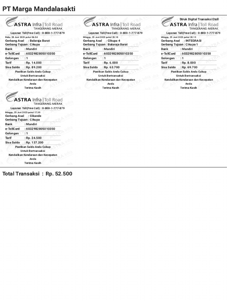 Struk Transaksi ASTRA Infra Toll Road - 203481 | PDF
