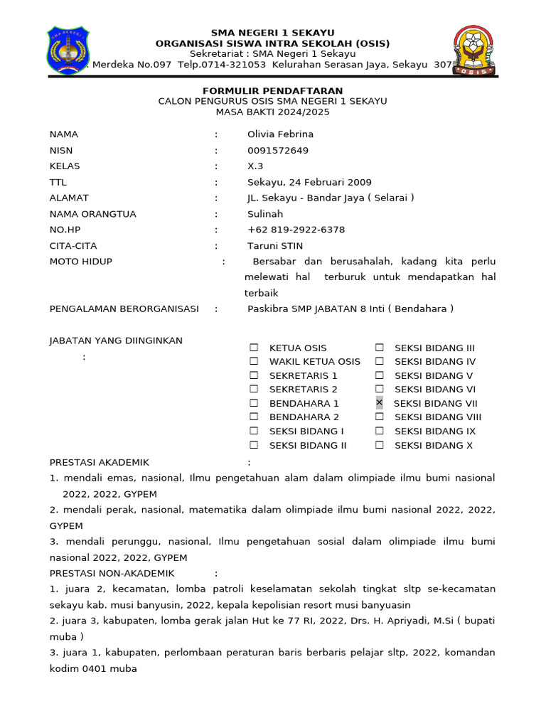 A4 - Formulir Pengurus Osis 2024 | PDF
