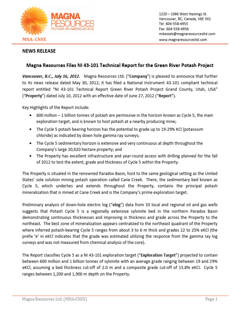 PRfor Green River Potash Project Technical Report | PDF | Potash | Mining