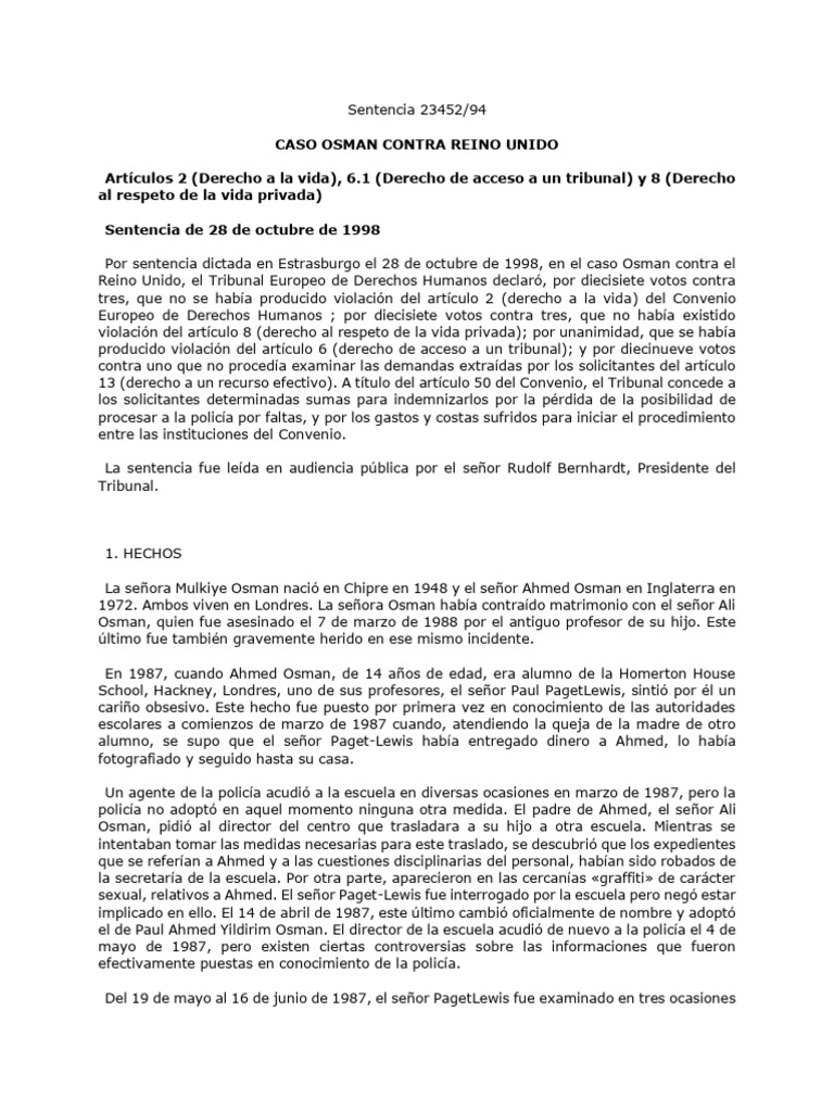 CASE of OSMAN v. The UNITED KINGDOM - (Spanish Translation) Summary by ...