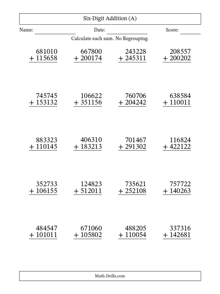 Six-Digit Addition Practice | PDF