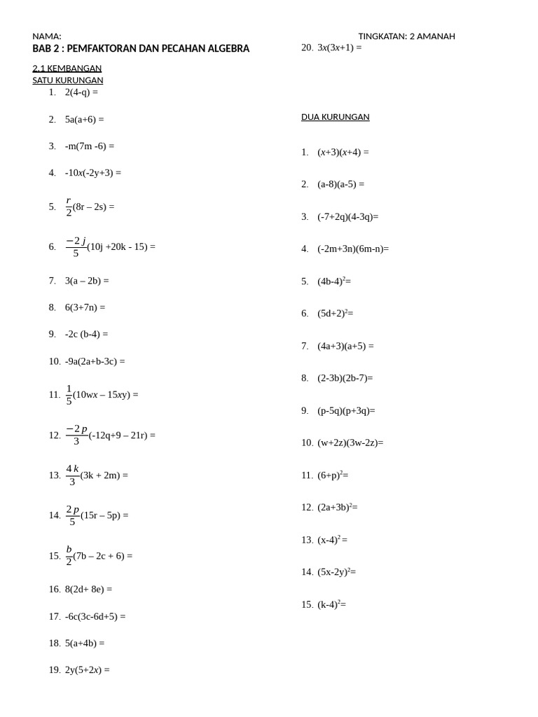 Matematik T2 Bab 2 Pemfaktoran Dan Pecahan Algebra | PDF