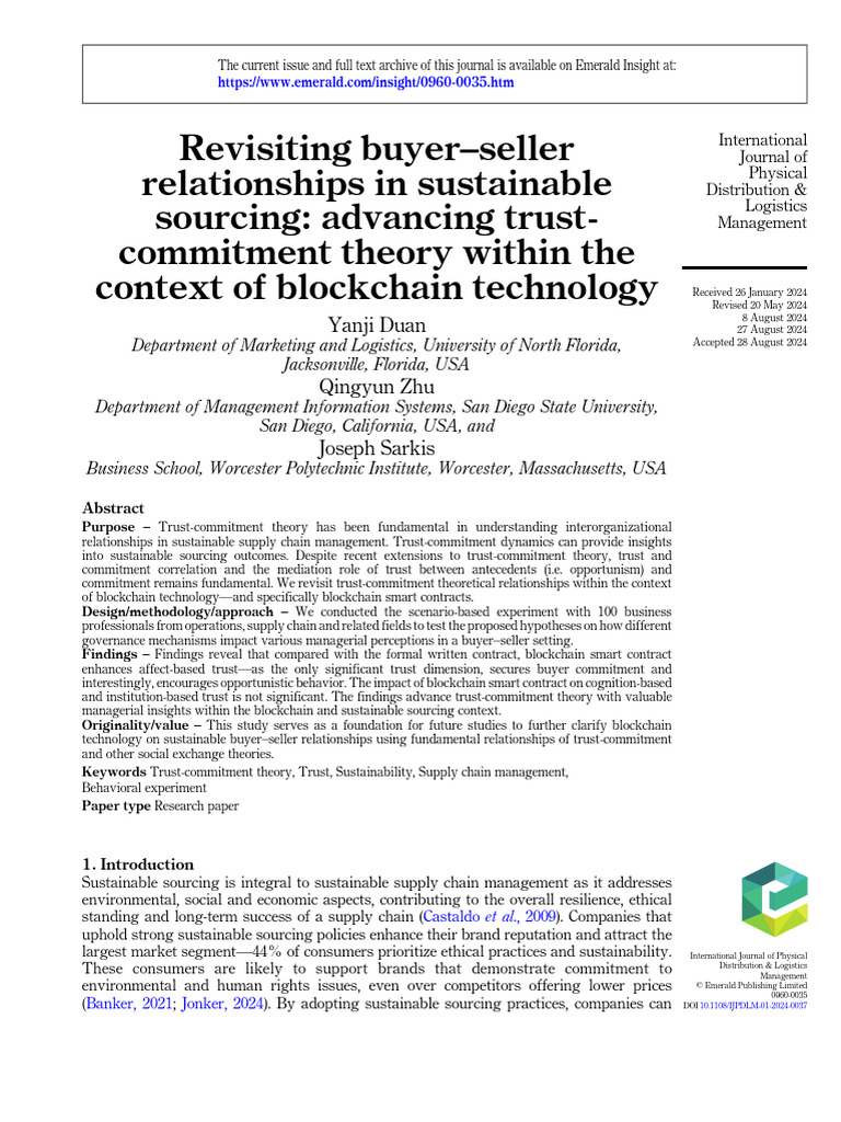 Revisiting Buyer-Seller Relationships in Sustainable Sourcing: Advancing Trust-Commitment Theory ...