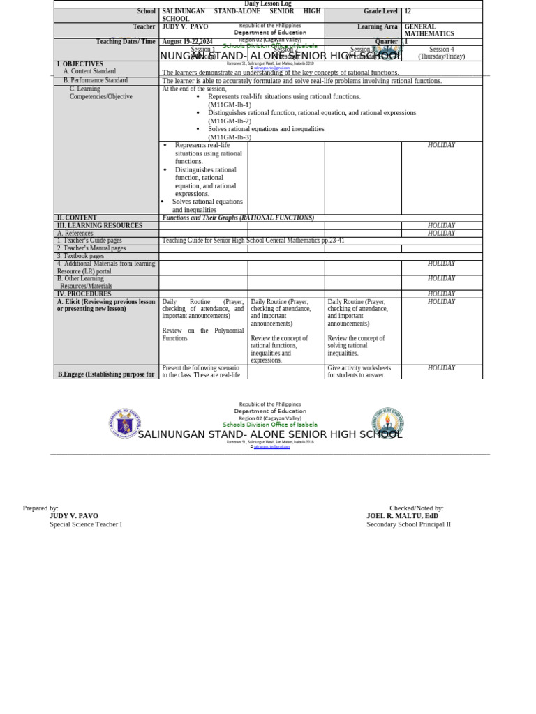 Week2 DLL GenMath | PDF | Teachers | Learning