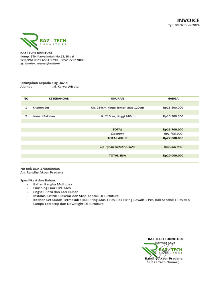 Invoice - BG David - Jl. Karya Wisata | PDF