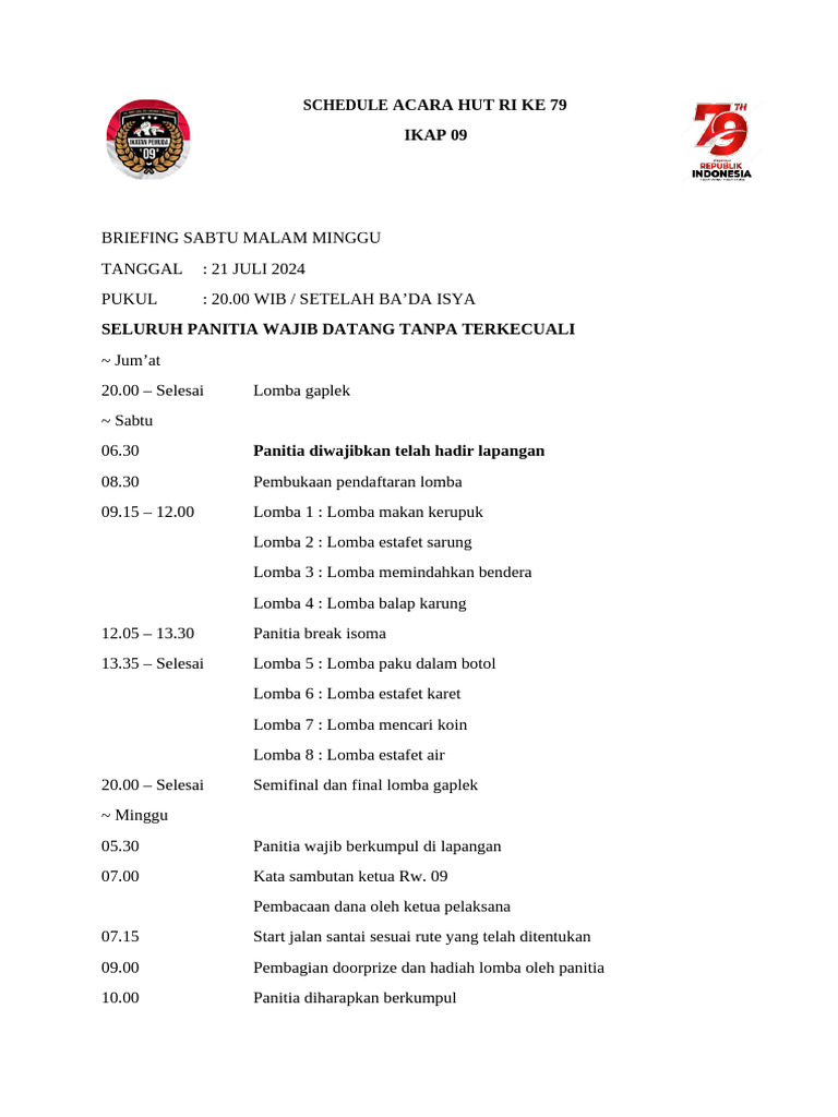 Schedule Acara Hut Ri Ke 79 | PDF | Olahraga & Rekreasi | Griya & Taman