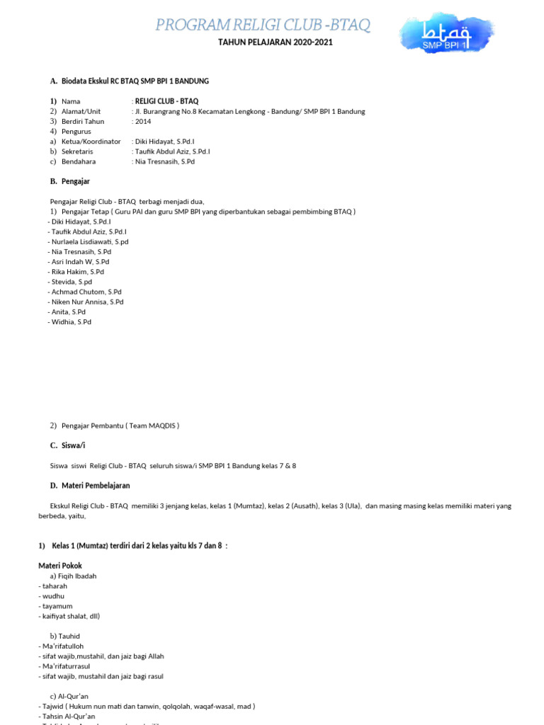 Biodata Ekskul RC BTAQ SMP BPI 1 BANDUNG | PDF