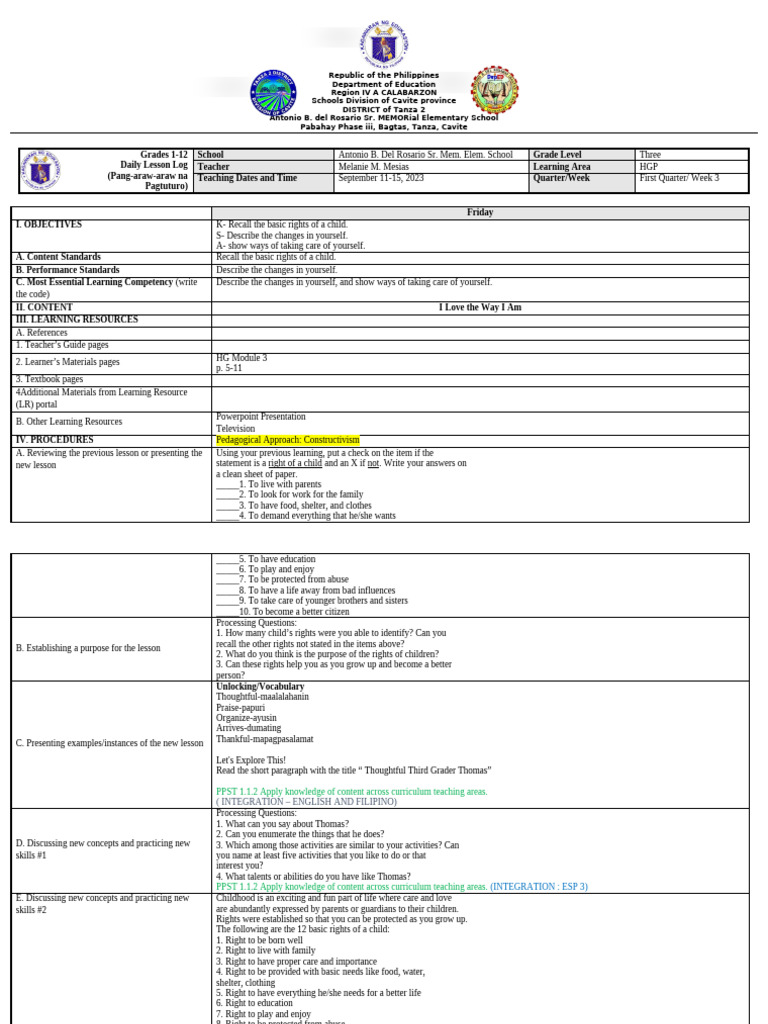 Mesias, Melanie M.-DLL-HGP-Q1W3 | PDF | Teachers | Learning