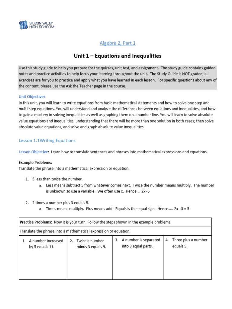Alg 2 Unit 1 Study Guide | PDF | Equations | Inequality (Mathematics)