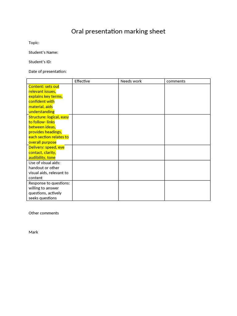 Oral Presentation Marking Sheet | PDF | Language Arts & Discipline | Art