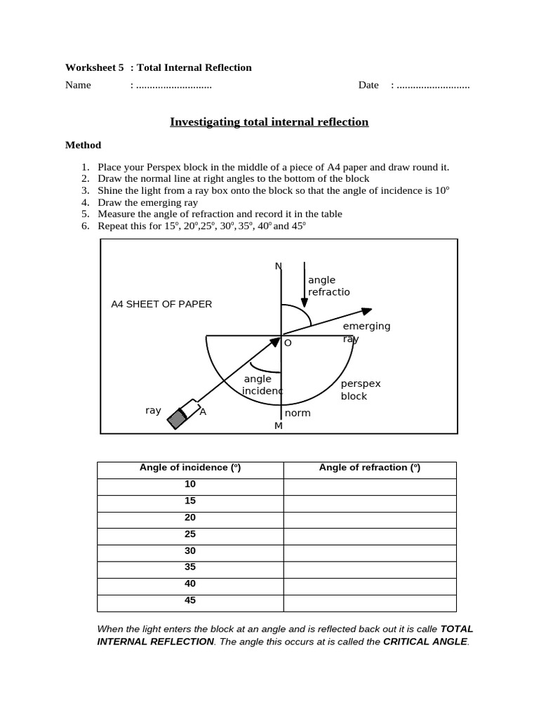 Worksheet 5 - Total Internal Reflection | PDF | Refraction | Reflection (Physics)