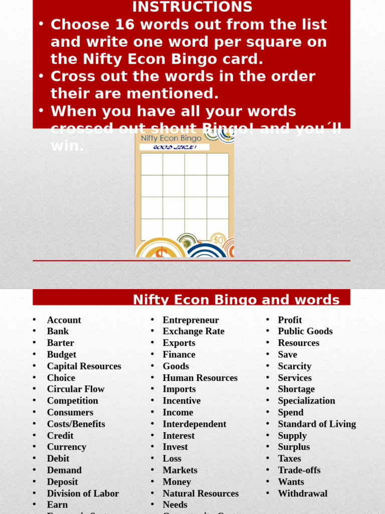 Nifty Econ Bingo Game Instructions | PDF | Money | Goods