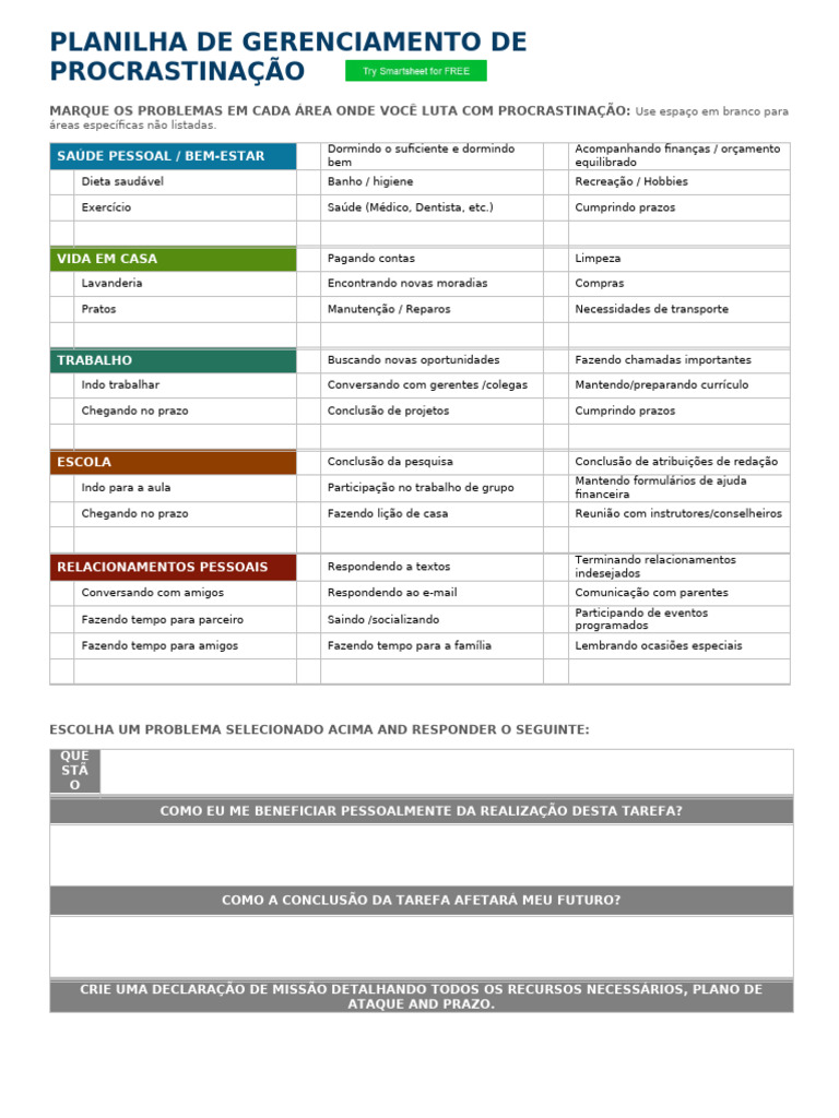 Planilha de Gerenciamento da Procrastinação | PDF | Tempo